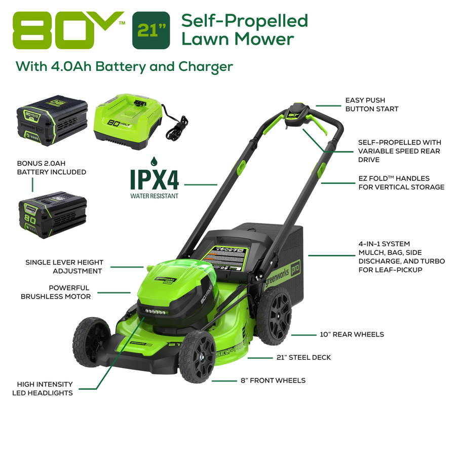 80V 21" Self-Propelled Mower, 4.0Ah and 2.0Ah Battery and Charger BONU ...