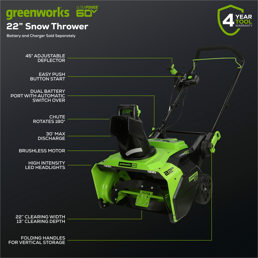 60V 22" Brushless Snow Thrower (Tool Only) – Greenworks Tools Canada Inc.