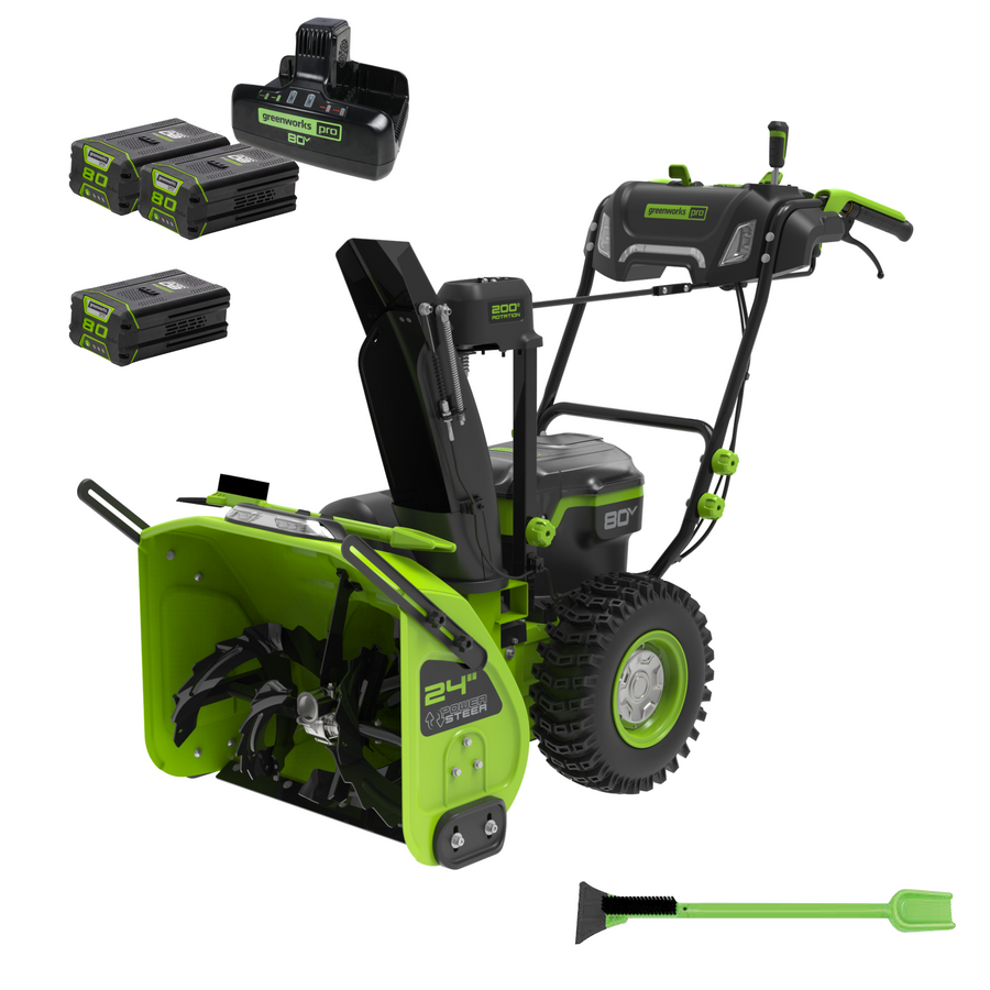 Greenworks 80V 24'' Dual Stage Snow Thrower, (3) 4.0Ah Batteries and D ...