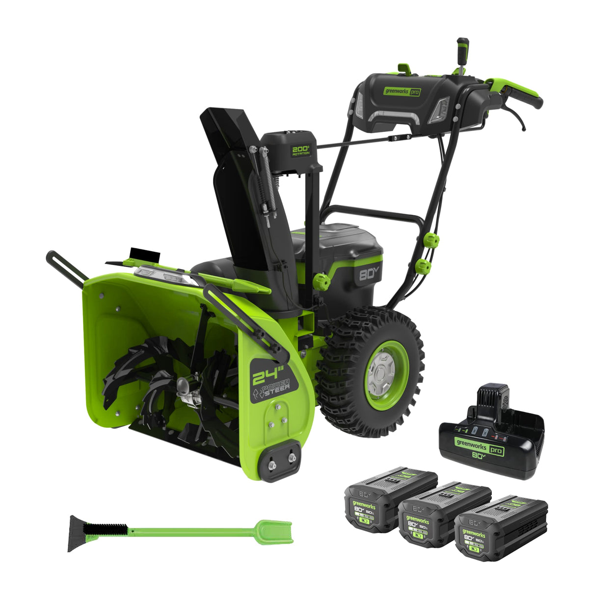 80V 24'' Dual Stage Snow Thrower, (3) 5.0Ah Batteries and Dual Port Ch ...