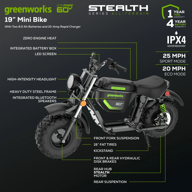 60V STEALTH Series Electric Mini-Bike, (2) 8.0Ah Batteries and Dual-Po ...