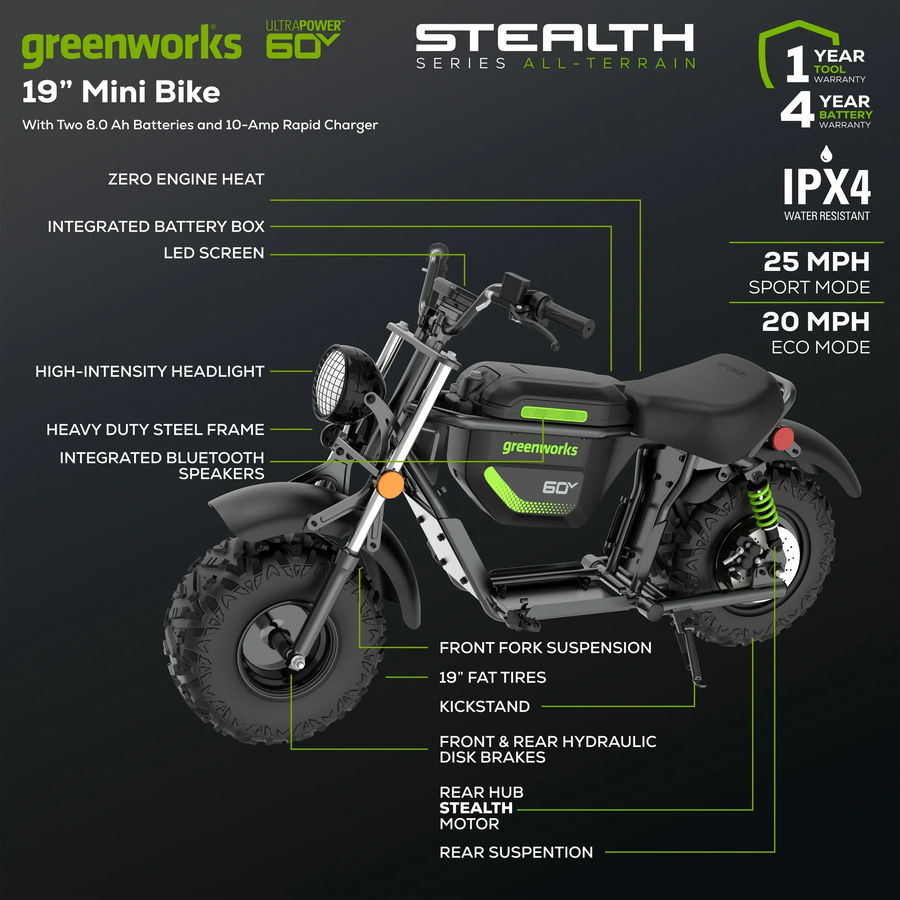 60V STEALTH Series Electric Mini-Bike, (2) 8.0Ah Batteries and Dual-Po – Greenworks Tools Canada ...
