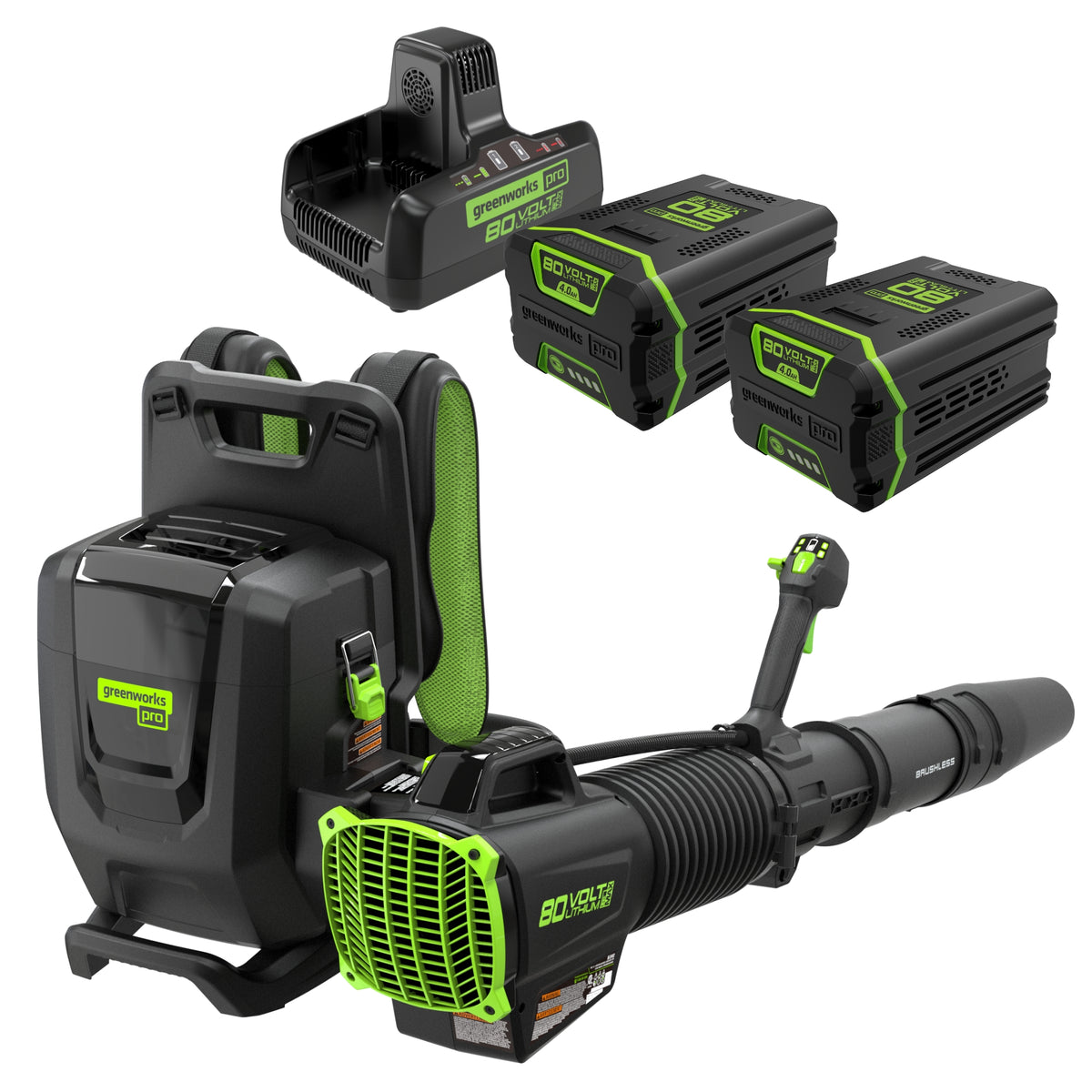80V Backpack Blower 690 CFM - 165 MPH, (2) 4.0Ah Batteries and Dual Ch ...